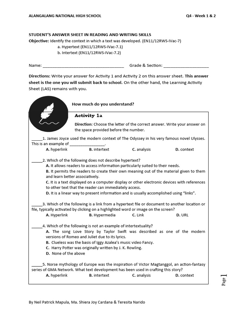 Learning Activity Sheet Week 1 | PDF | Intertextuality | Hypertext