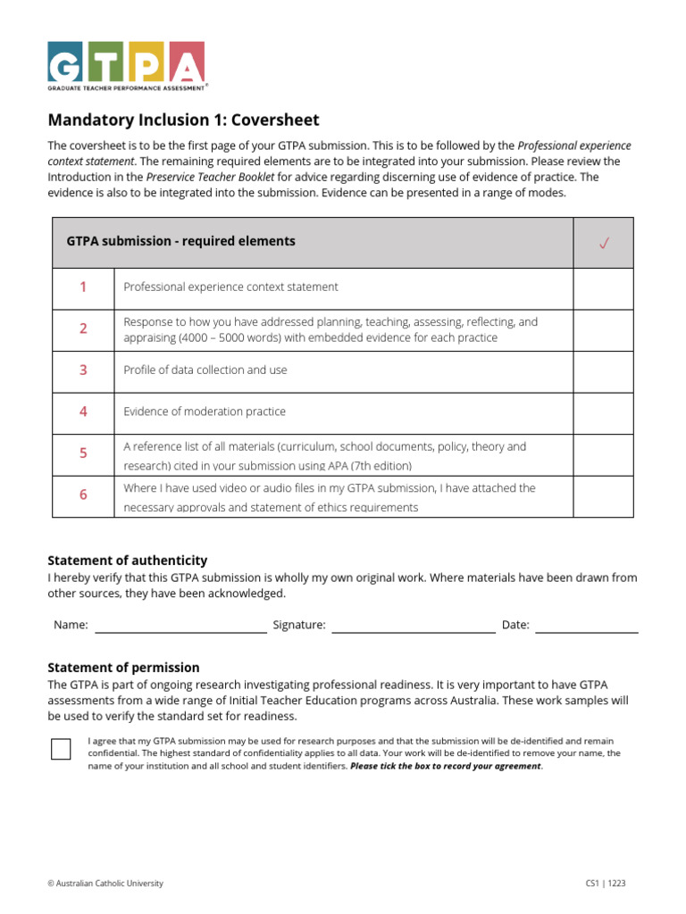 GTPA Coversheet (Placement) | PDF