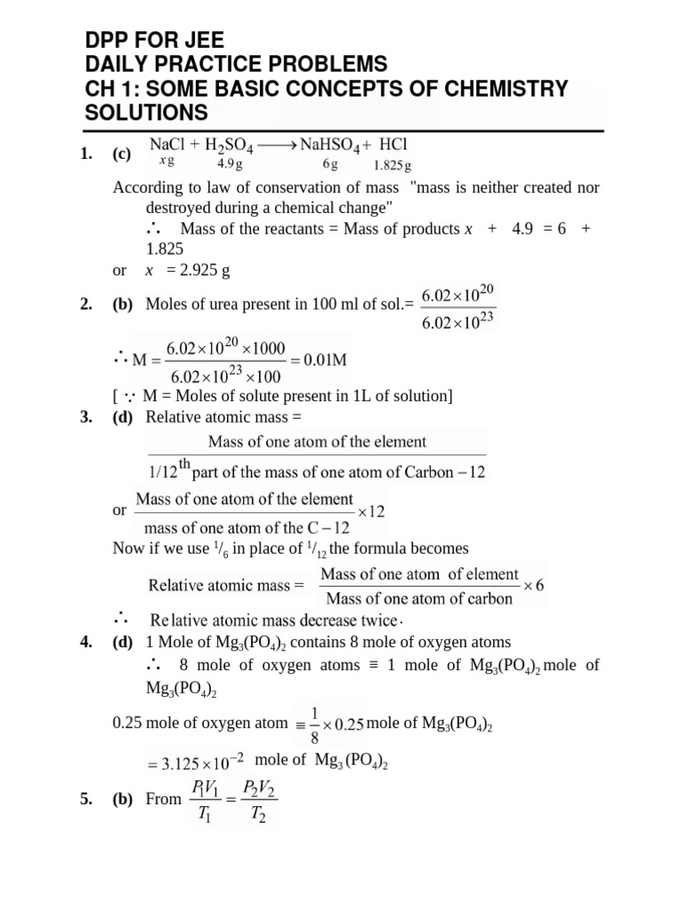 DPP For Jee Daily Practice Problems CH 1: Some Basic Concepts of Chemistry Solutions | PDF ...