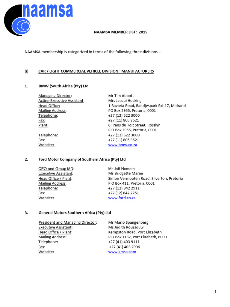 List of Naamsa Member - 2015 | PDF | Motor Vehicle Manufacturers | Wheeled Vehicles
