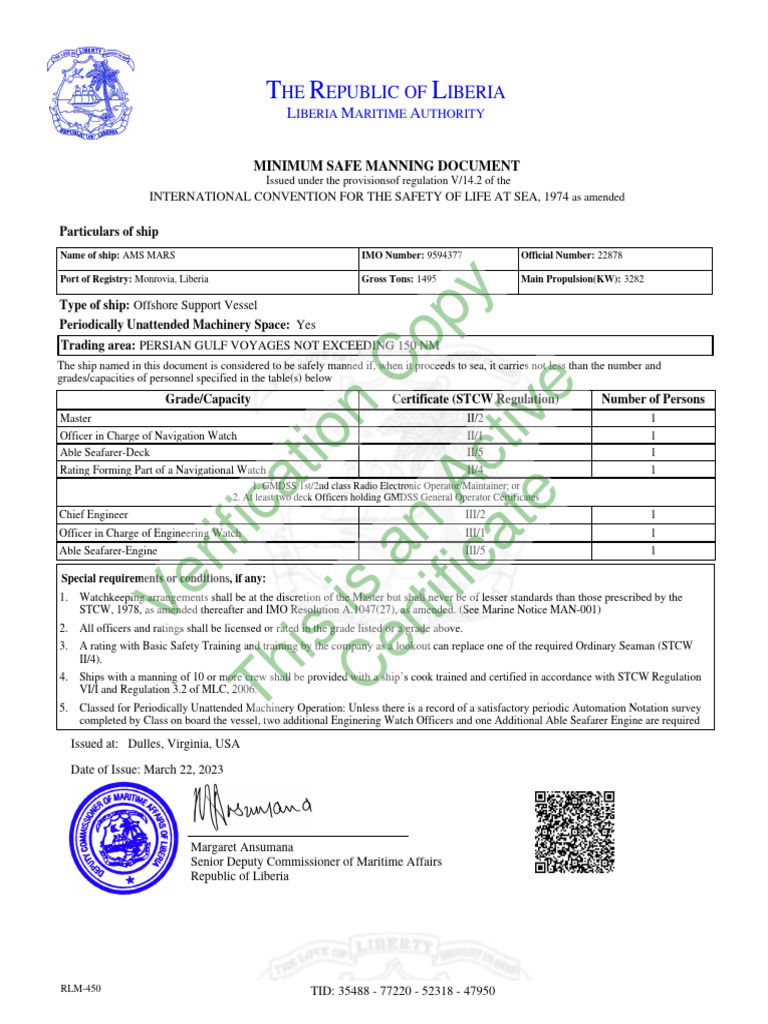 Minimum Safe Manning Certificate - 2023 - 05 - 22 - 18 - 47 - 46 - 765 - 3548877 | PDF | Ships ...