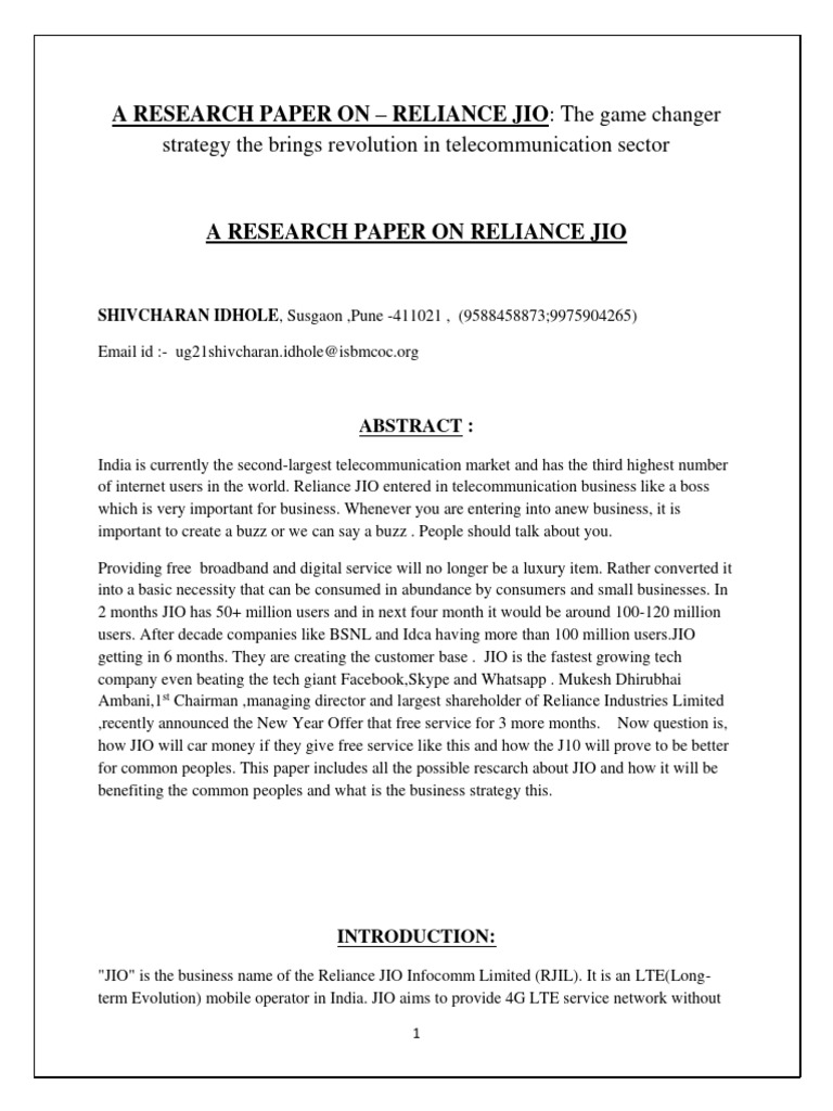 A Research Paper On Reliance Jio | PDF | 4 G | Telecommunications