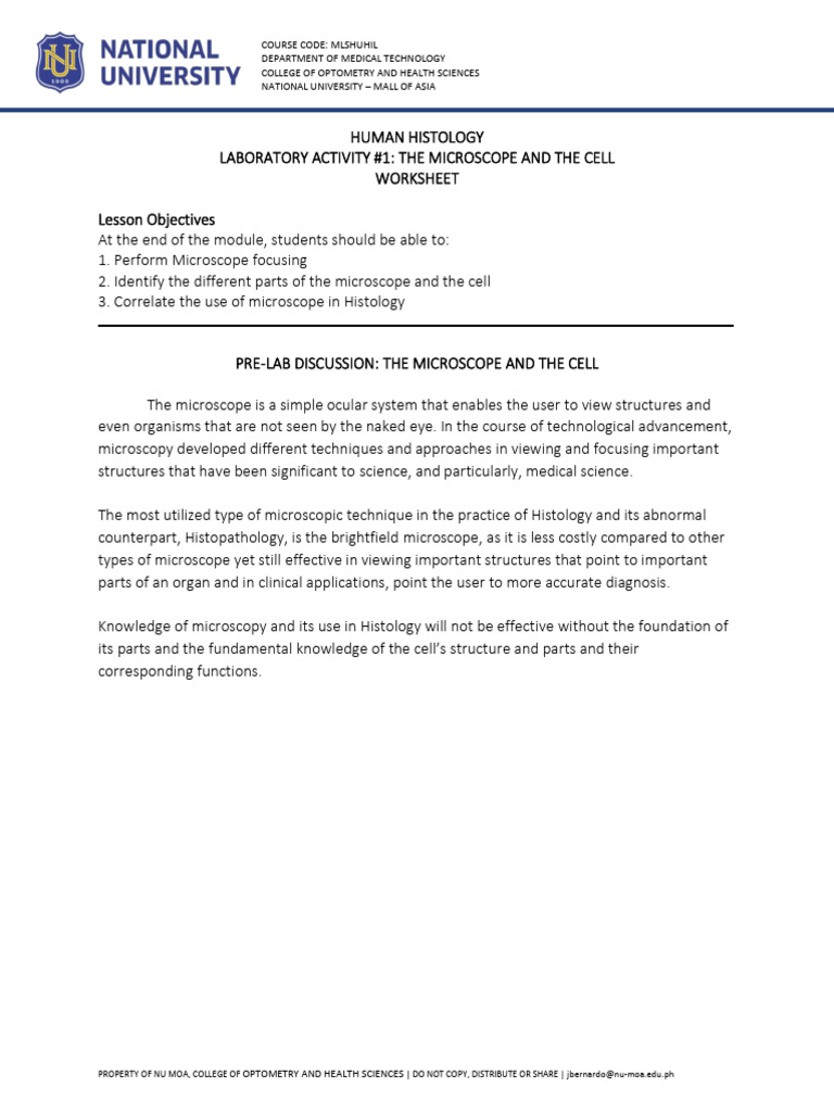 Lab. Act. 1 the Microscope and the Cell | PDF | Histology | Microscope