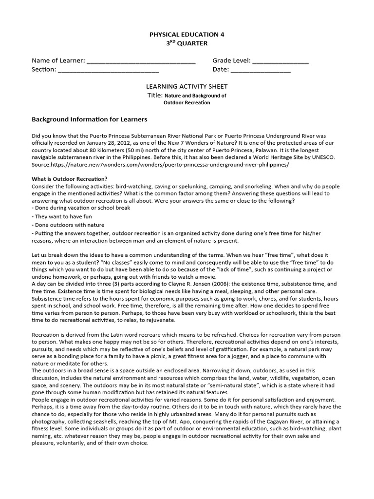 Learning-Activity 1 AND 2 - PE - 4 | PDF | Recreation