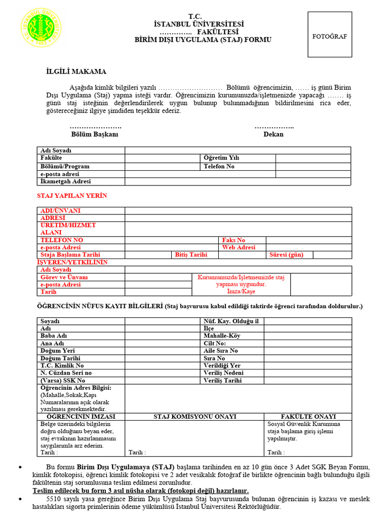 Ek 2 Zorunlu Birim Disi Staj Formu - 637579731848761162 | PDF