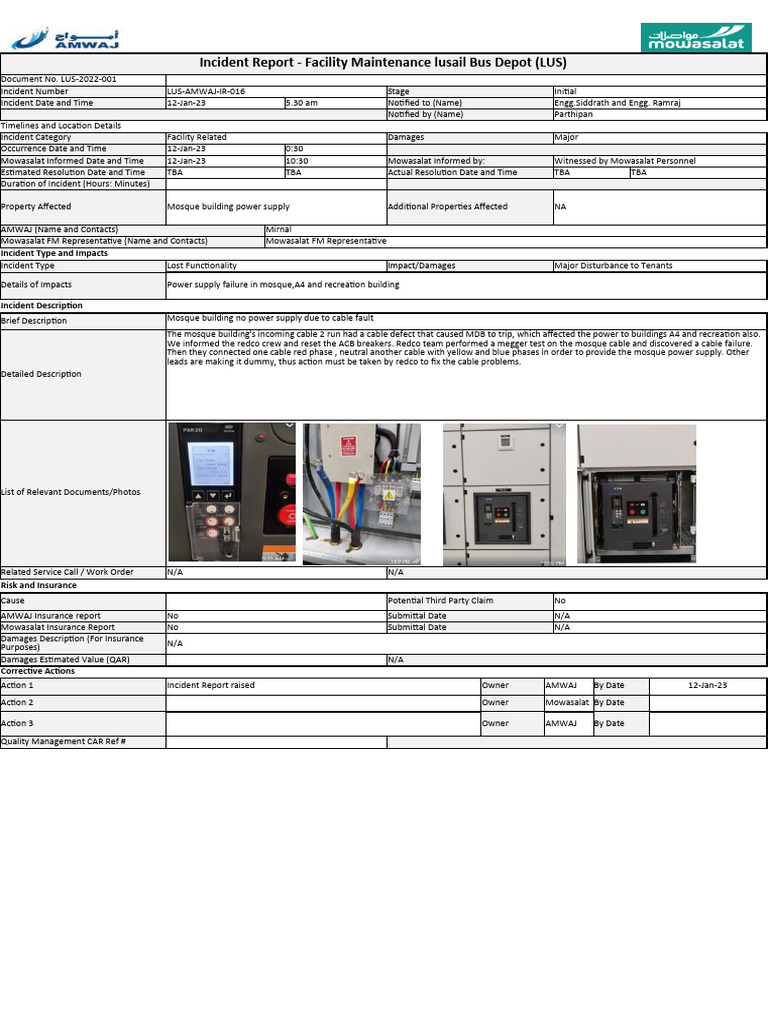Incident Report - LUS - 016 - Mosque Cable Fault | PDF