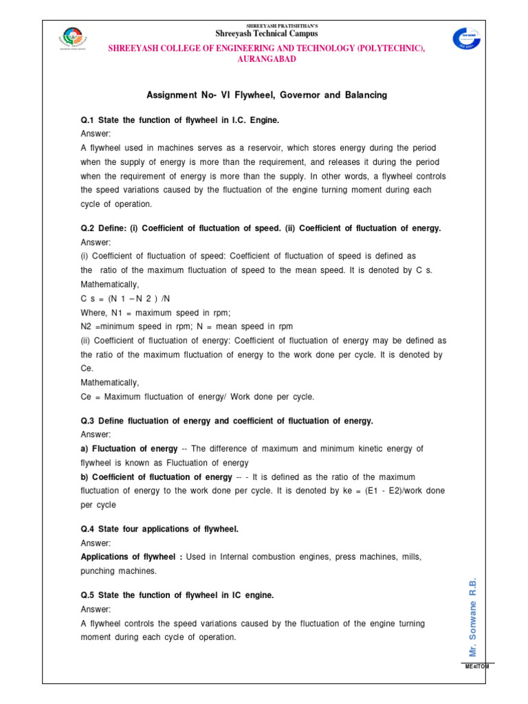 Ans. Assignment - VI Flywheel, Governor and Balancing | PDF | Force | Applied And ...