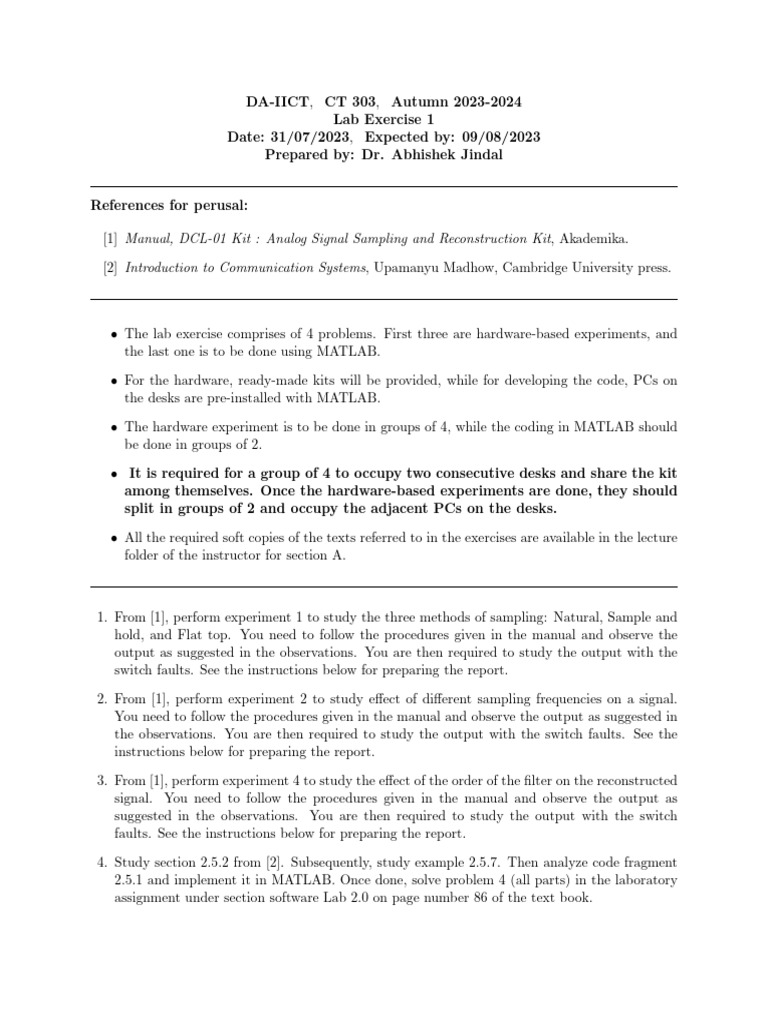 CT303 23 24 Lab Exercise 1 | PDF | Matlab | Experiment