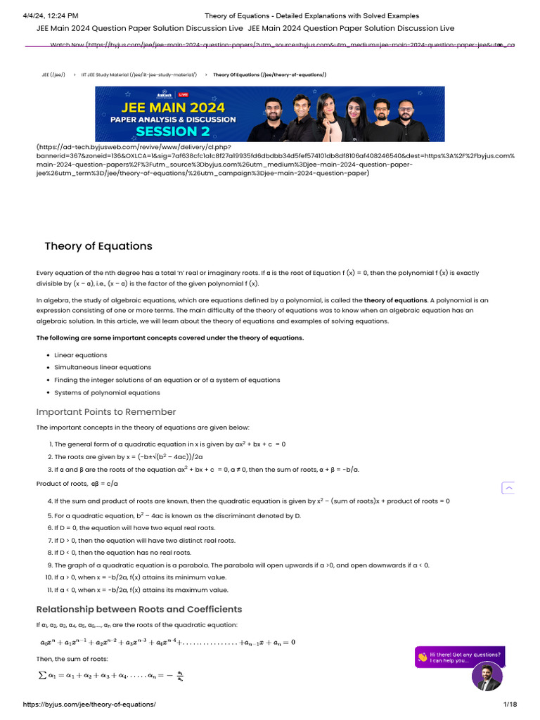 Theory of Equations: Key Concepts & Examples | PDF | Equations | Polynomial