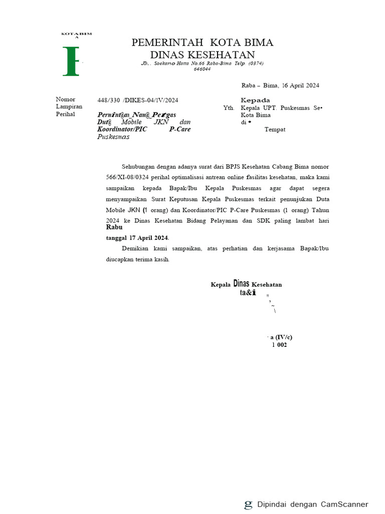 Surat Permintaan SK Duta Mobile JKN Dan PIC P-Care PKM 2024 | PDF