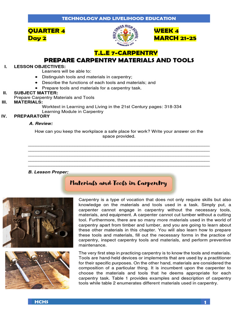 Q4 Tle7 March 21-25 Week4 Day2 | PDF | Carpentry | Tools