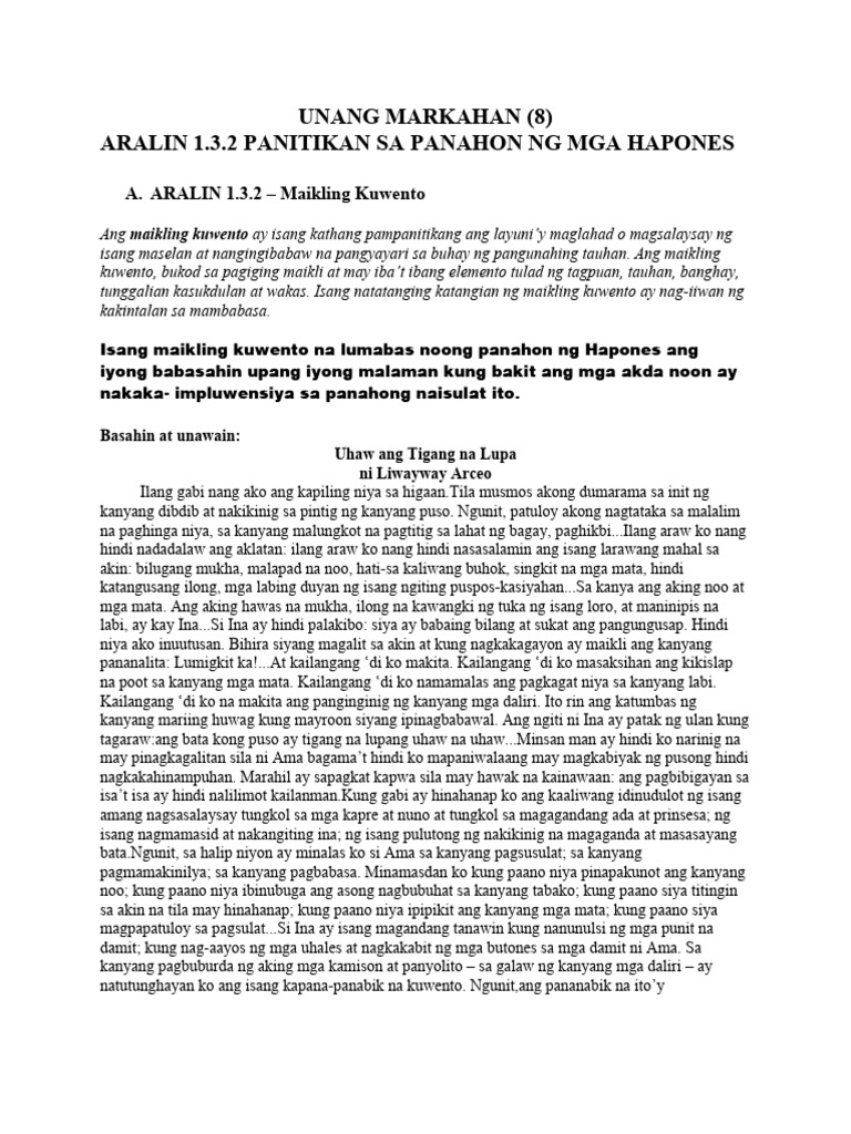 1ST Grading Aralin 8 1.3.2 Maikling Kwento Xerox 8 | PDF