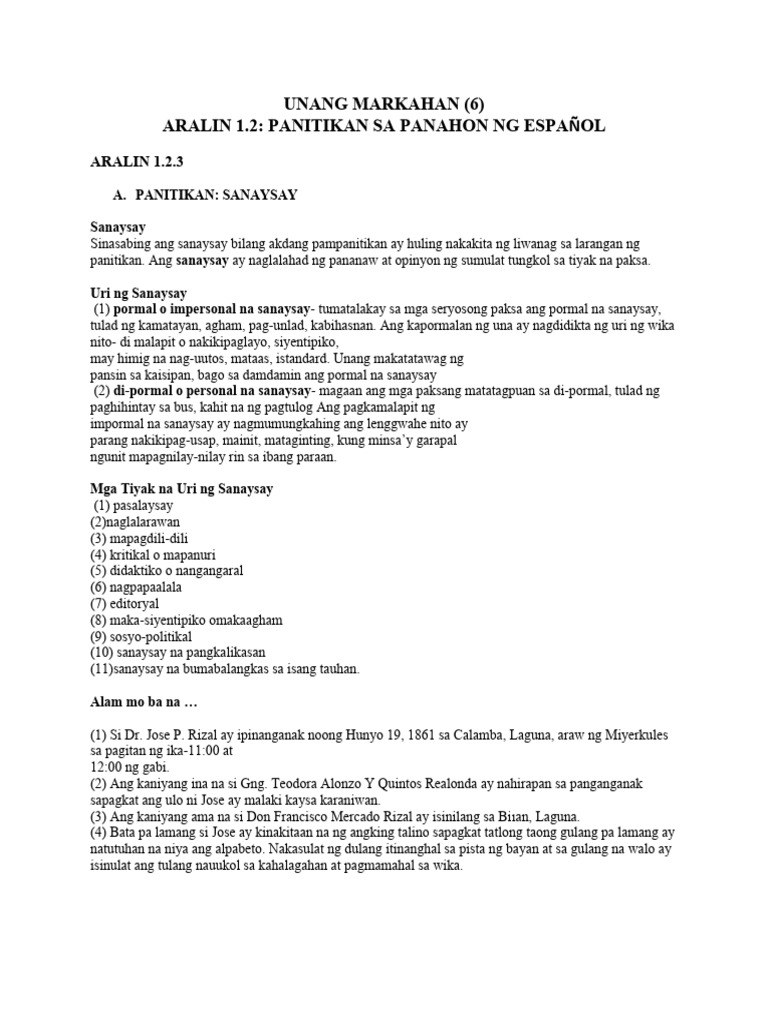 1ST Grading Aralin 6 1.2.3. Sanaysay Xerox 6 | PDF