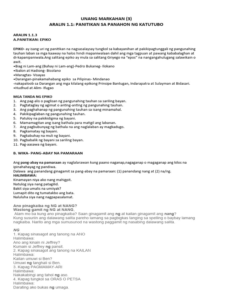 1ST Grading Aralin 3 1.1.3 Epiko Xerox 3 | PDF