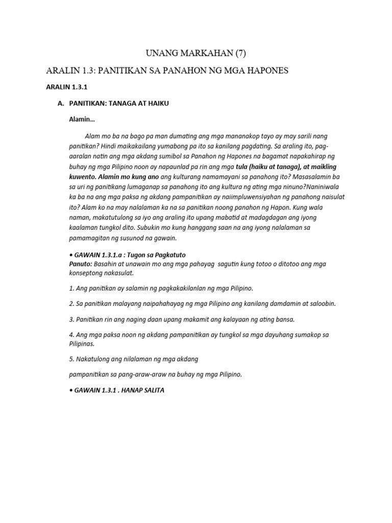 1ST Grading Aralin 7 1.3.1 Tanaga at Haiku Xerox 7 | PDF