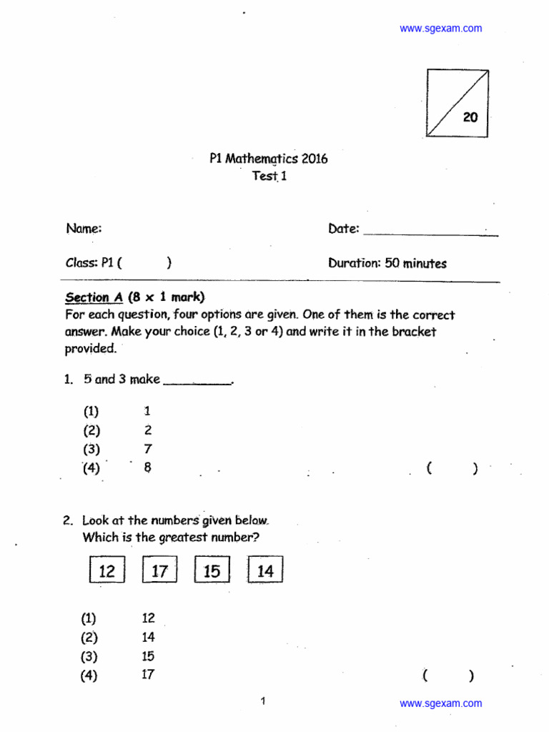 2016-P1-Maths-Test-Anglo Chinese | PDF