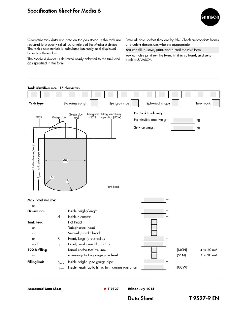 Specification Sheet For Media 6: Tank Identifier: Max. 15 Characters | PDF