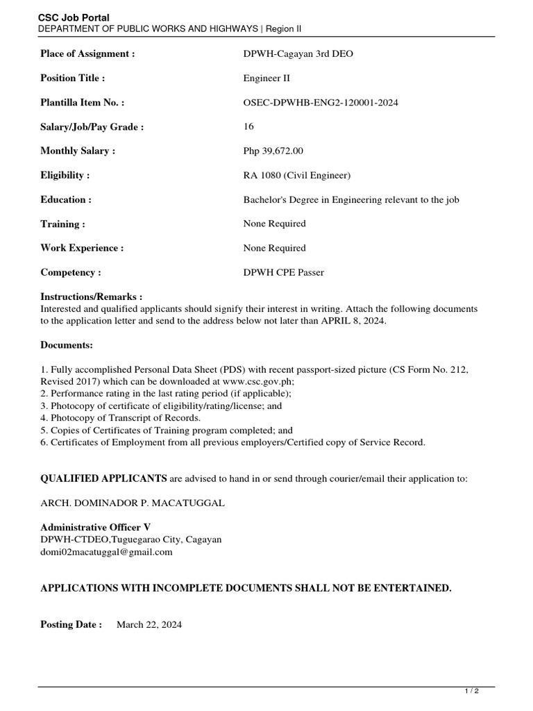 CSC Job Portal: Department of Public Works and Highways - Region Ii ...