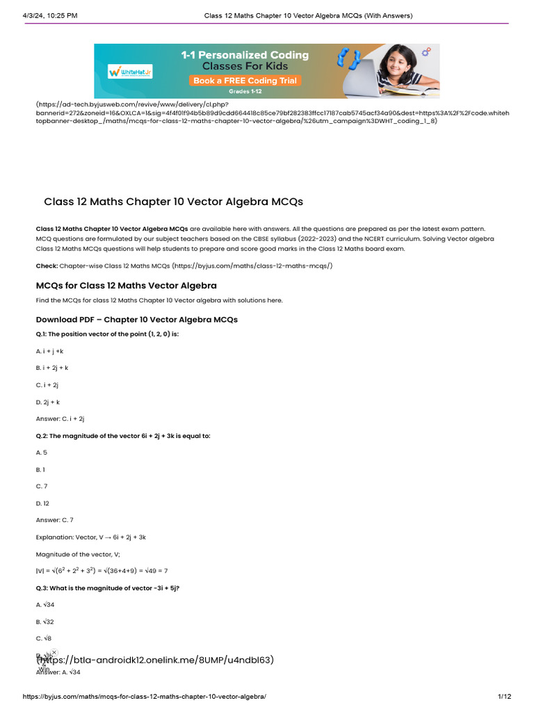 Class 12 Maths Chapter 10 Vector Algebra MCQs (With Answers) | PDF ...