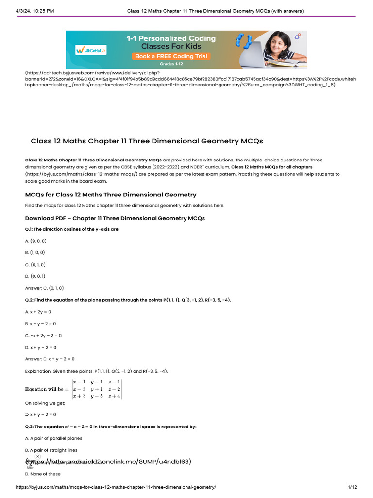 Class 12 Maths Chapter 11 Three Dimensional Geometry MCQs (With Answers) | PDF | Line (Geometry ...