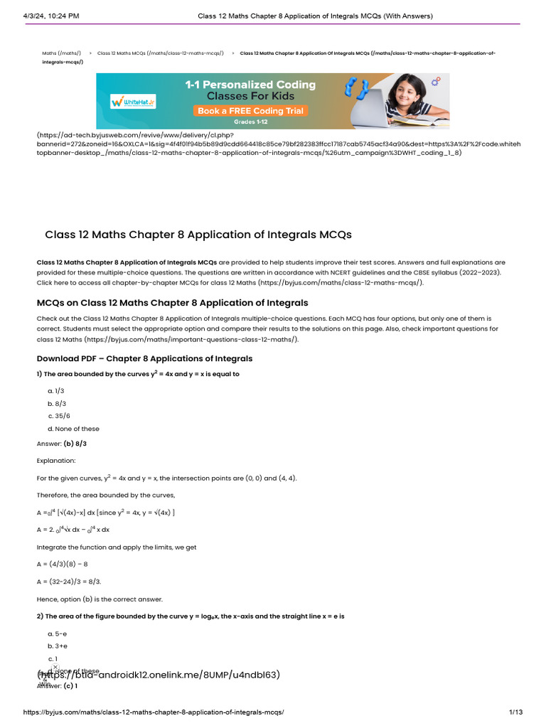Class 12 Maths Chapter 8 Application of Integrals MCQs (With Answers) | PDF | Multiple Choice | Area