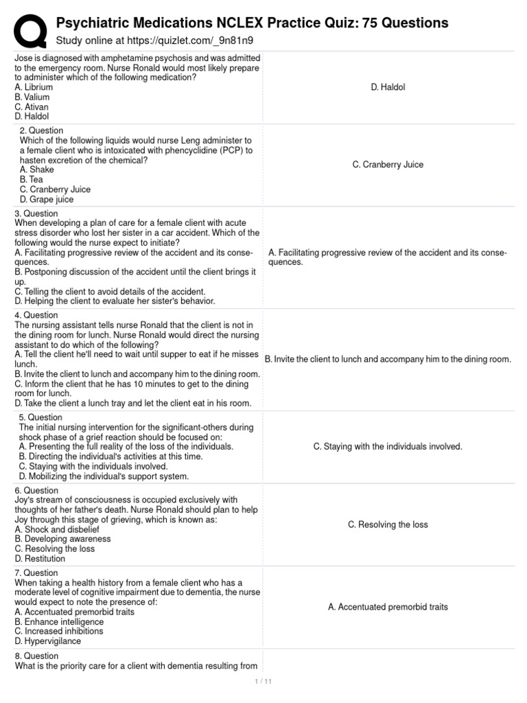 Psychiatric Medications NCLEX Practice Quiz: 75 Questions | PDF | Major ...