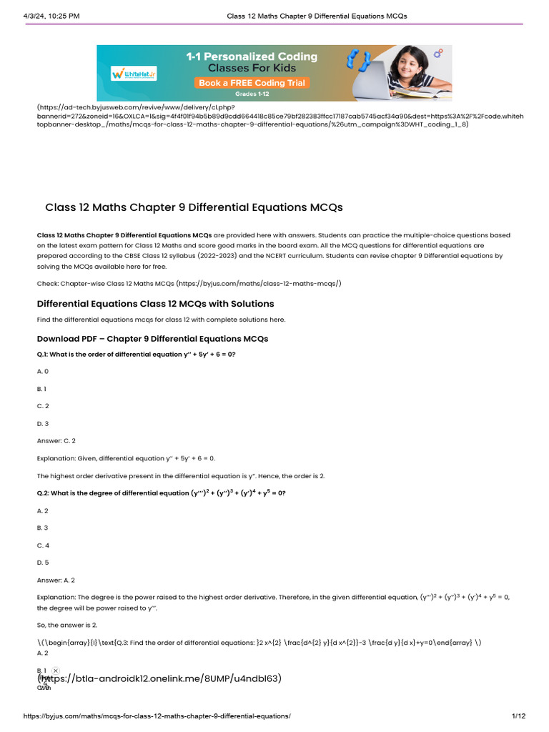 Class 12 Maths Chapter 9 Differential Equations MCQs | PDF | Multiple ...