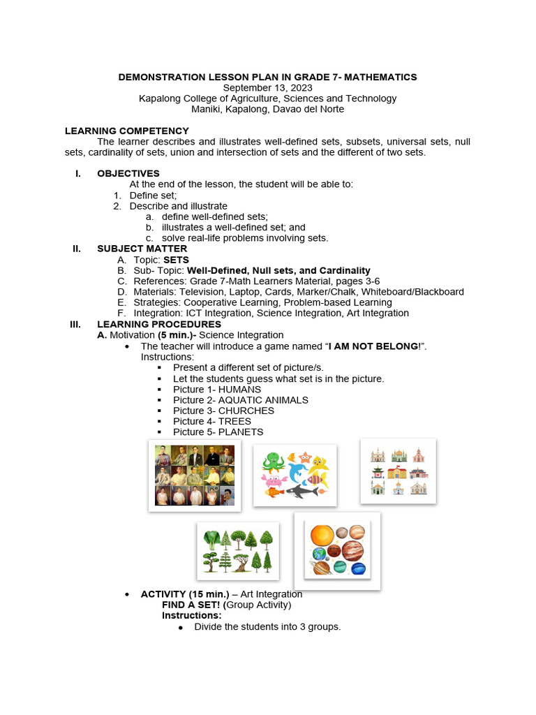 Lesson Plan Math 7 | PDF | Learning | Set (Mathematics)
