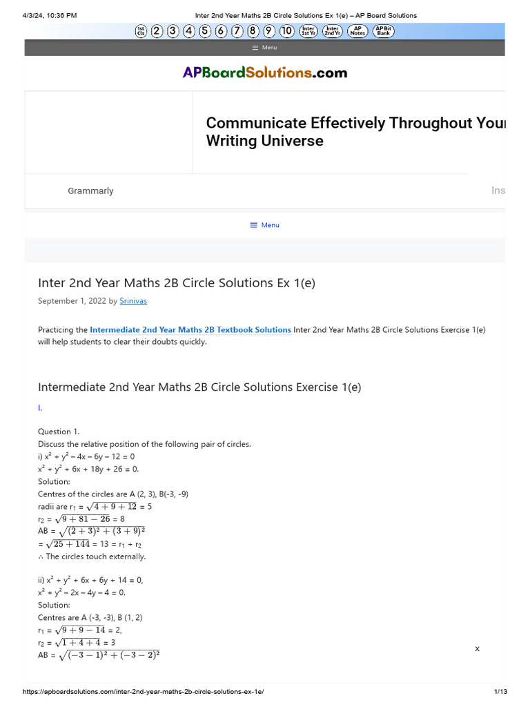 Inter 2nd Year Maths 2B Circle Solutions Ex 1 (E) - AP Board Solutions | PDF | Elementary ...
