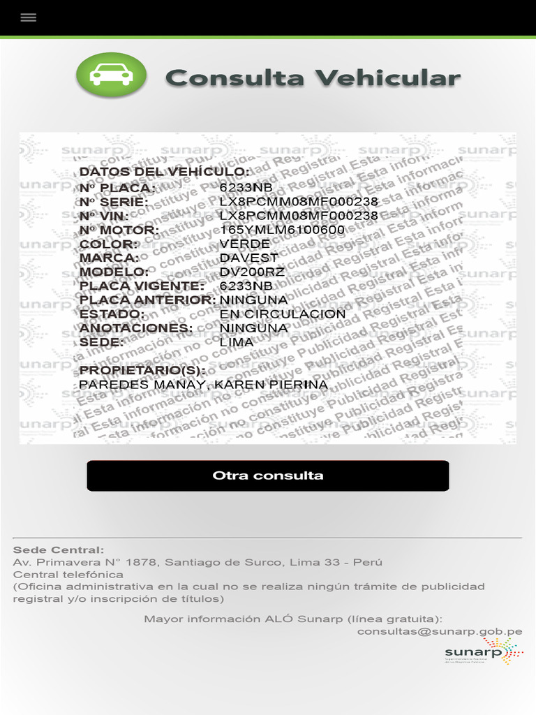 Consulta Vehicular - SUNARP | PDF