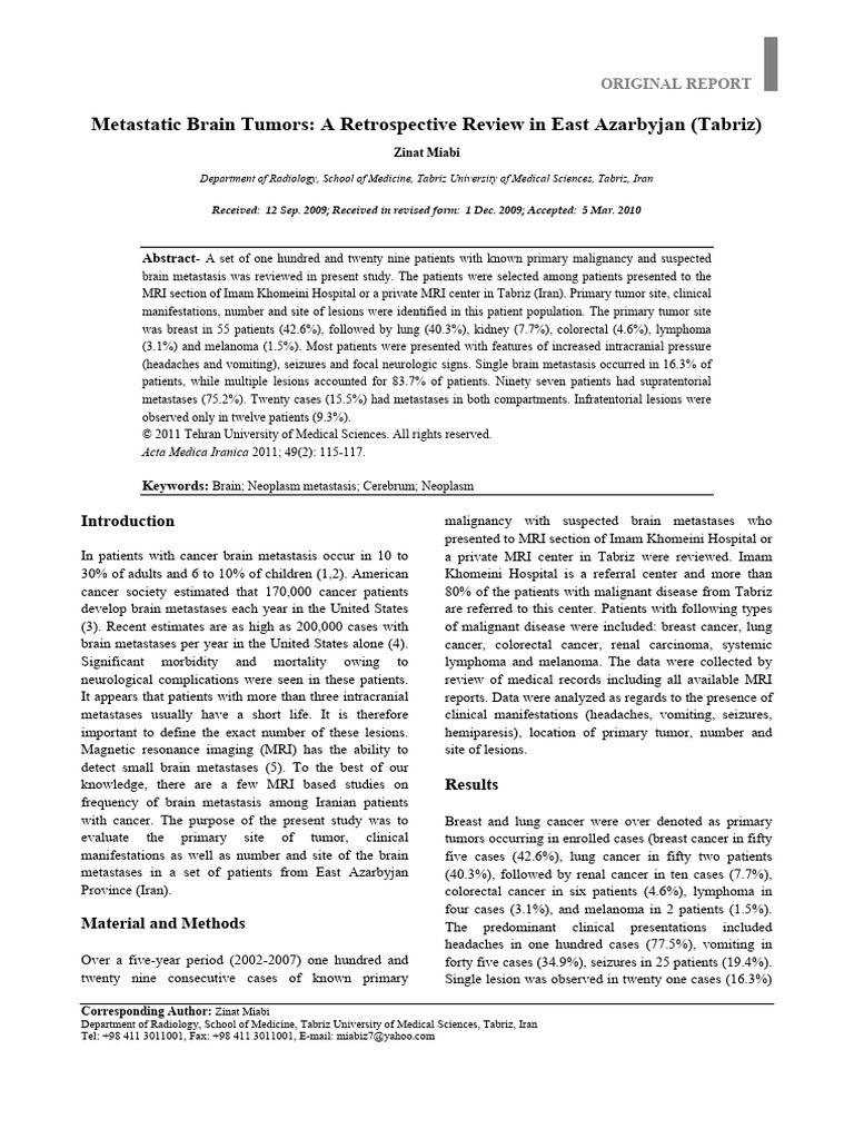 Metastatic Brain Tumors - A Retrospective Review in East Azarbyjan | PDF | Metastasis | Cancer