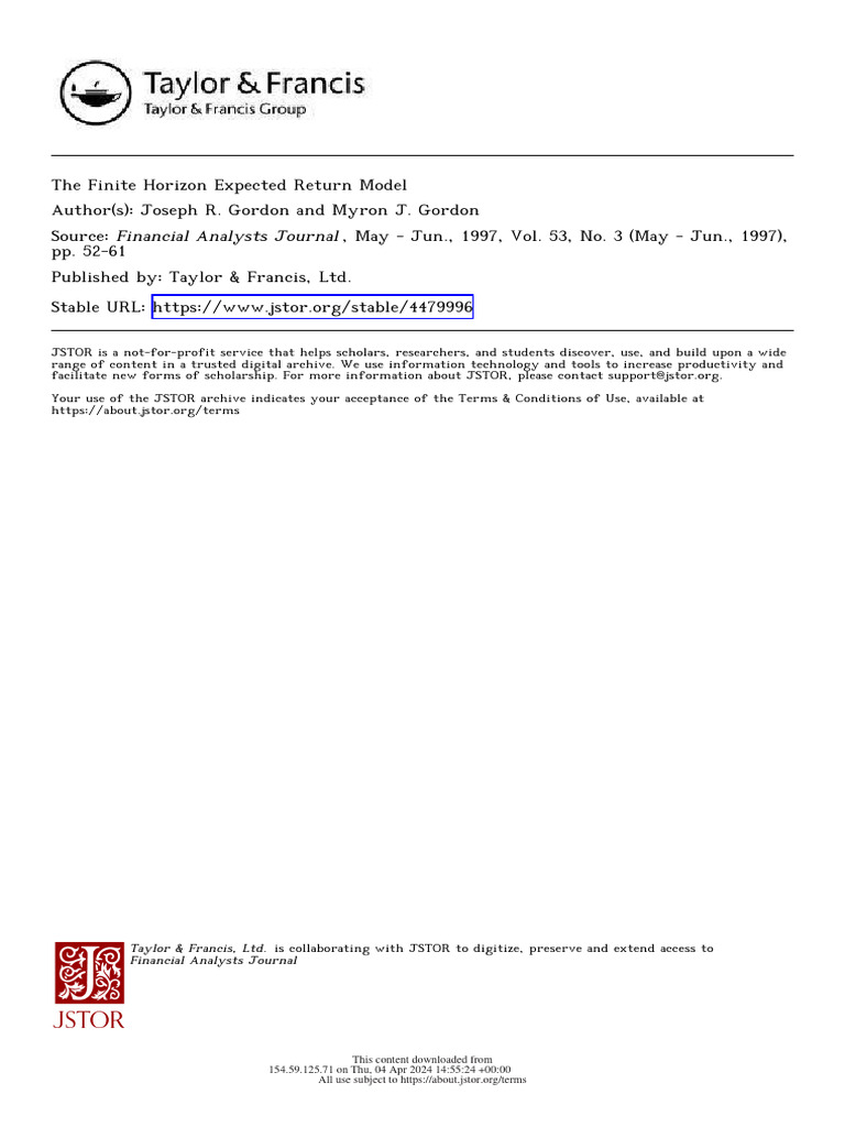 The Finite Horizon Expected Return Model (Gordon and Gordon, 1997 ...