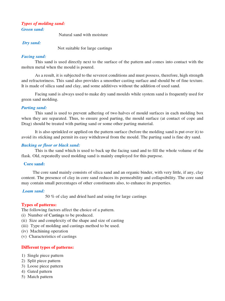2types of Molding Sand, Patterns and Pattern Allowances Etc. | PDF ...