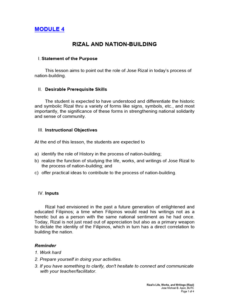 Rizal Module 4 Rizal and Nation Building | PDF