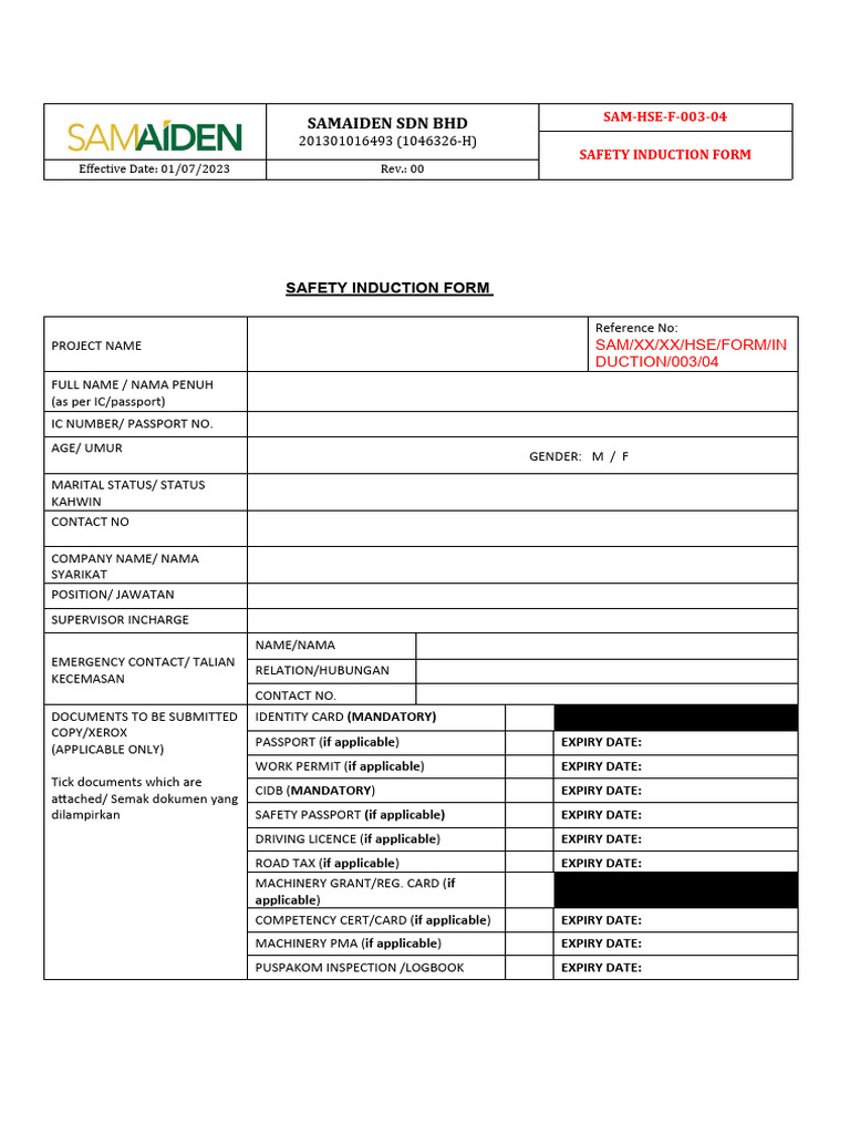 003. SAM-HSE-F-003-04-Safety Induction (1) | PDF | Legal Documents | International Law