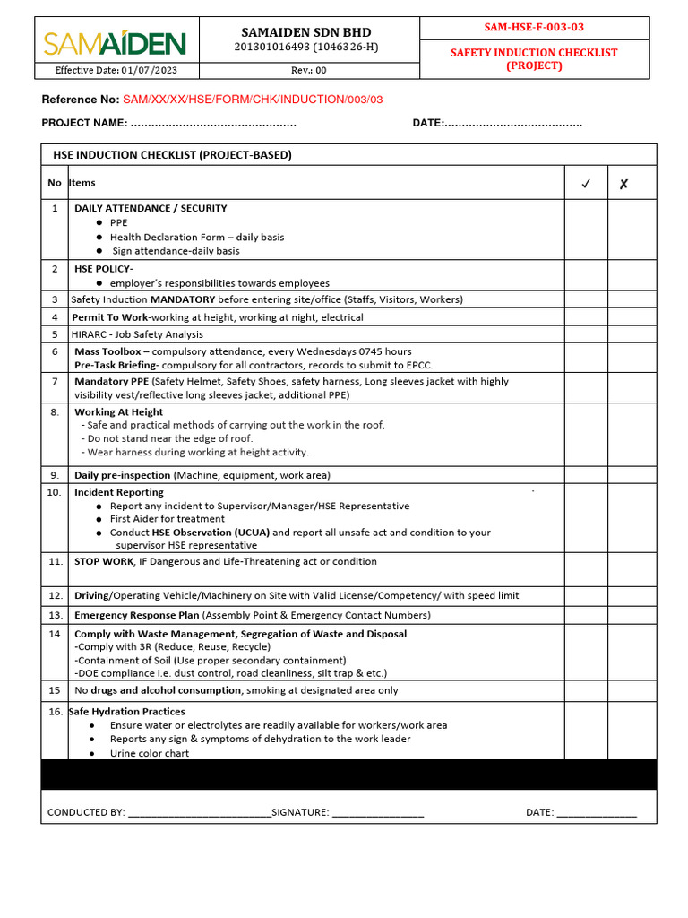 SAM-HSE-F-003-03 Safety Induction Checklist (Project) | PDF | Waste ...