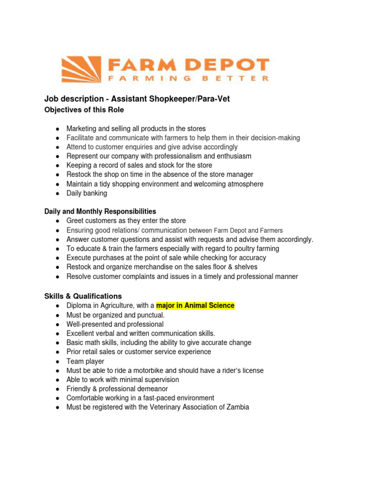 Job Description para Vet - Assistant Store Manager 1 | PDF | Business