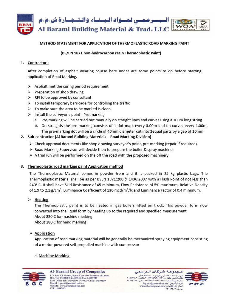 4A. Method Statement BSEN 1871 | PDF | Paint | Road