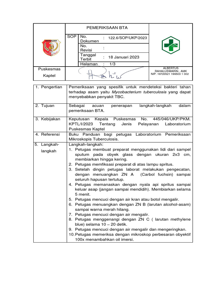 3.9.1.a5 SOP Pemeriksaan BTA | PDF