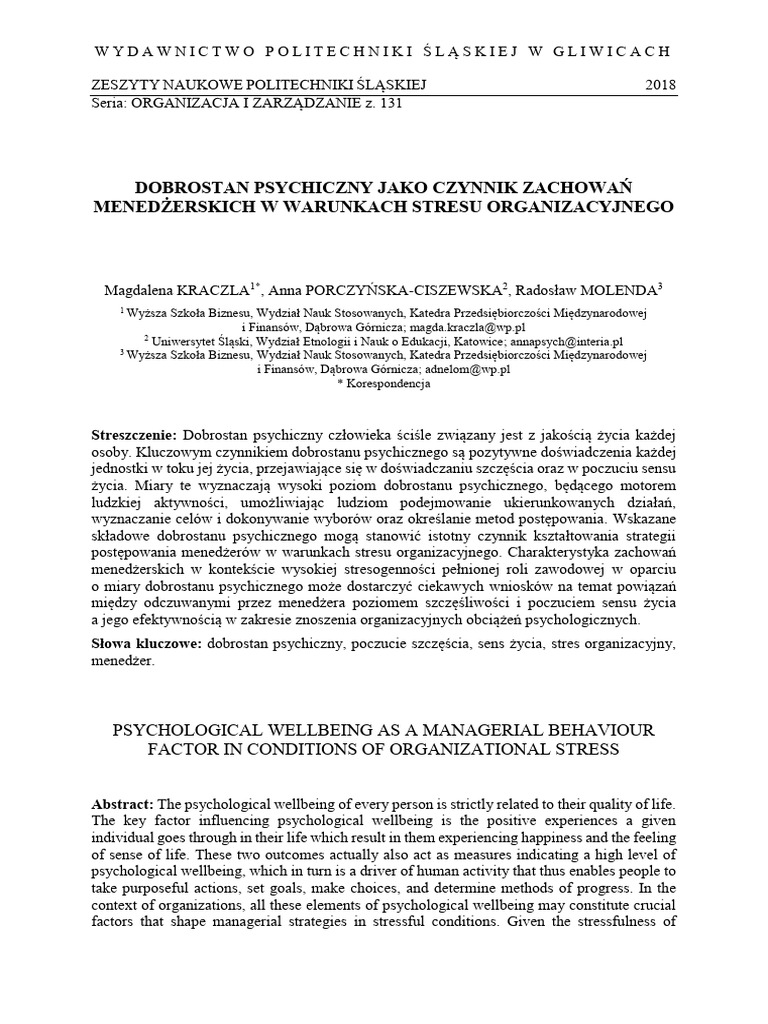 Dobrostan Psychiczny Jako Czynnik Zachowań Menedżerskich W Warunkach ...