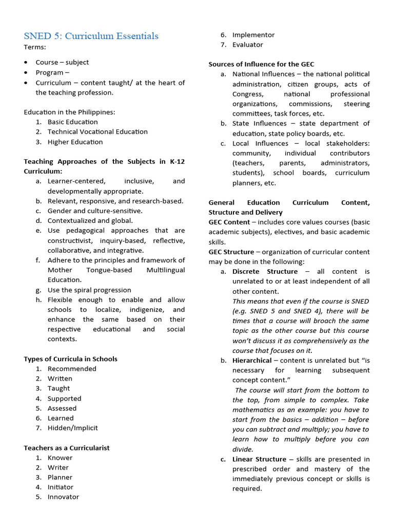 SNED5 Notes1 | PDF | Curriculum | Learning