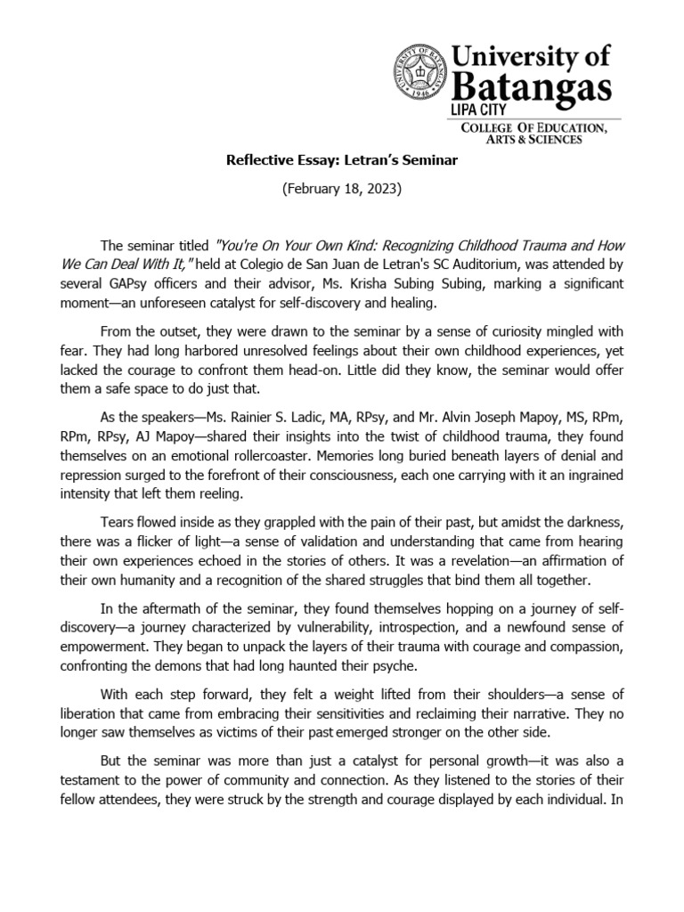 Reflective Essay - Letran's Seminar | PDF | Courage | Psychology