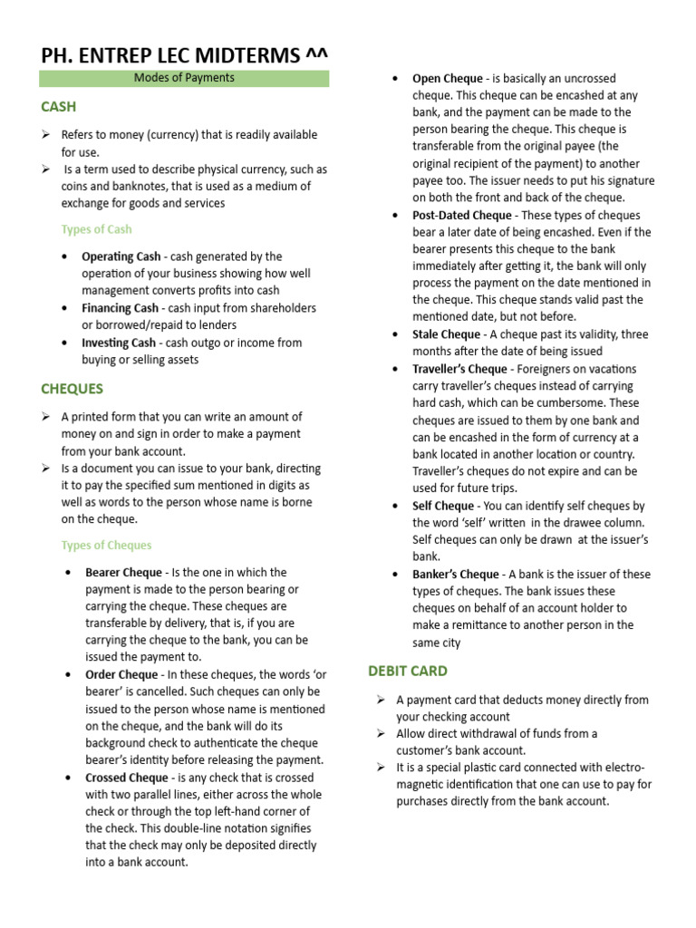 Entrep Lec Midterms | PDF | Cheque | Cash