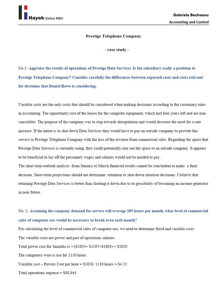 Telecom Subsidiary Cost Analysis | PDF | Economies | Business Economics