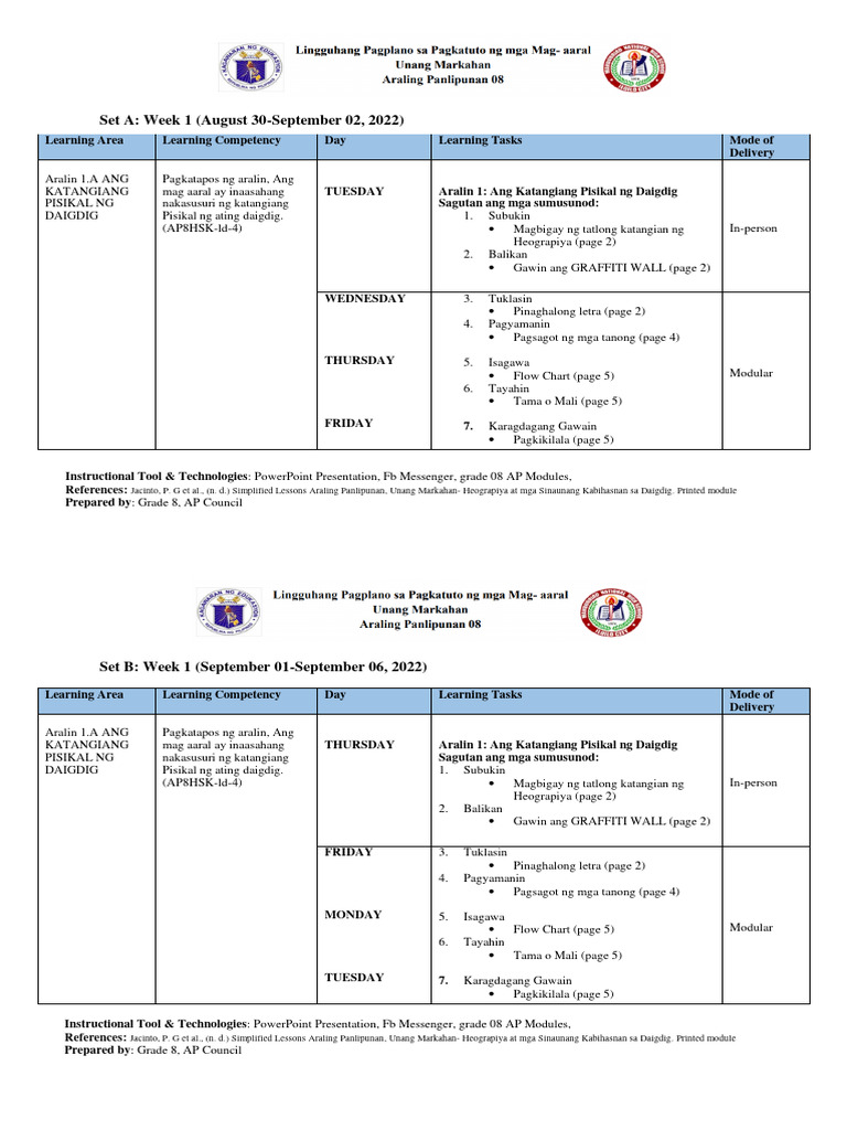 Grade 08 AP - Weekly Home Learning Plan - 2022-2023 W1&2 | PDF