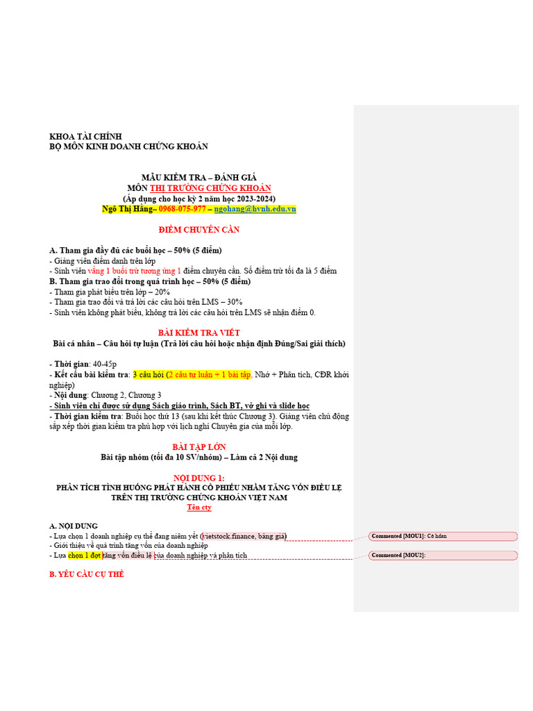 Kế Hoạch Đánh Giá Môn TTCK - Bản Gửi Cho SV | PDF