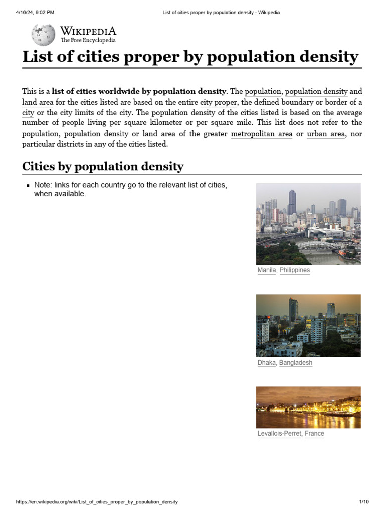 List of Cities Proper by Population Density - Wikipedia | PDF