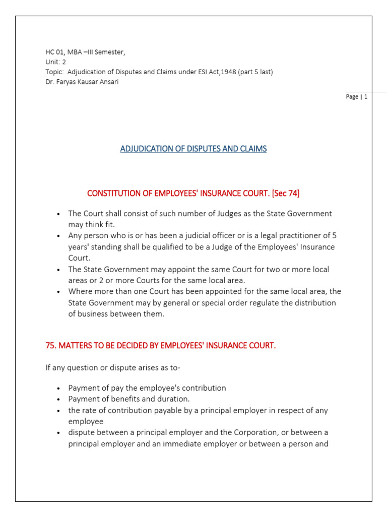 Adjudication of Disputes and Claims Under ESI Act, 1948 | PDF ...