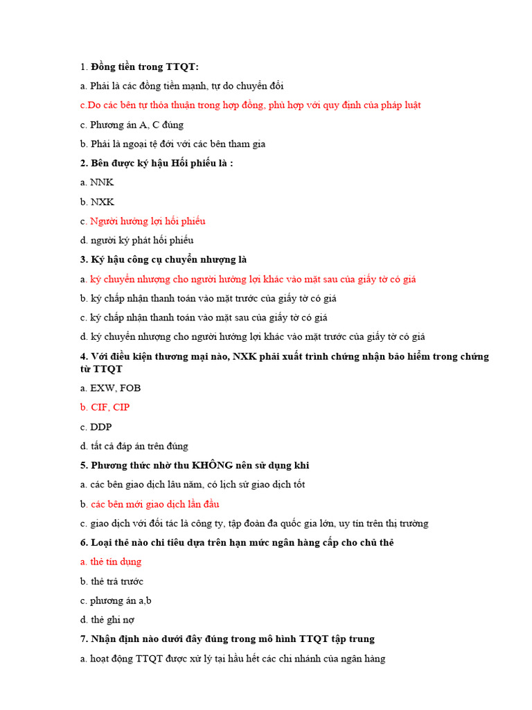 40c hỏi trắc nghiệp giữa kì TTQT | PDF