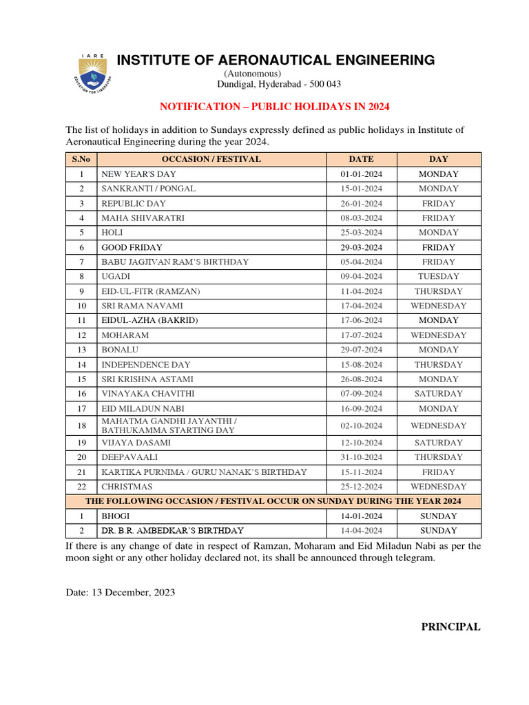 IARE Public Holidays List 2024 | PDF | Religious Holidays | Festival